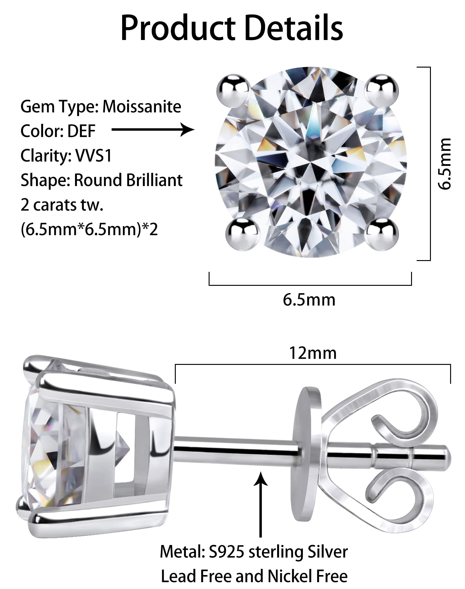 Moissanite Stud Earrings for Women Men, Nickel Free S925 Sterling Silver Hypoallergenic Earrings, 1ct - 2ct D Color VVS1 Clarity Brilliant Round Cut Lab Created Diamond Earring Set Promise Birthday Christmas Gift (Classic 4 prong, 2 carats-(1ct*2)-6.5mm,