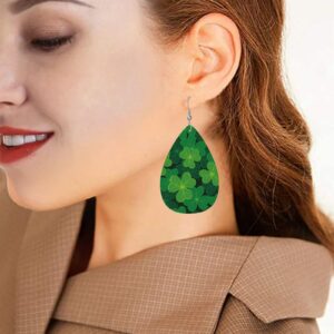 Shamrock ST Patrick's Day Earrings Faux Leather Teardrop Earring Lightweight Dangle for Women