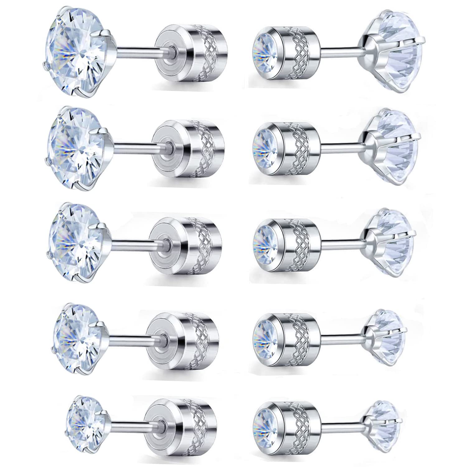 5 Pairs White Gold Plated Moissanite Earrings For Women Stainless Steel 2-6MM Round Cut Moissanite Stud Earrings For Men Women