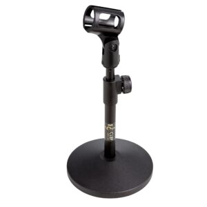 clef audio labs desktop mic stand with adjustable arm and round non-slip weighted base for recording, podcasting, and gaming with universal large barrel microphone clip, black