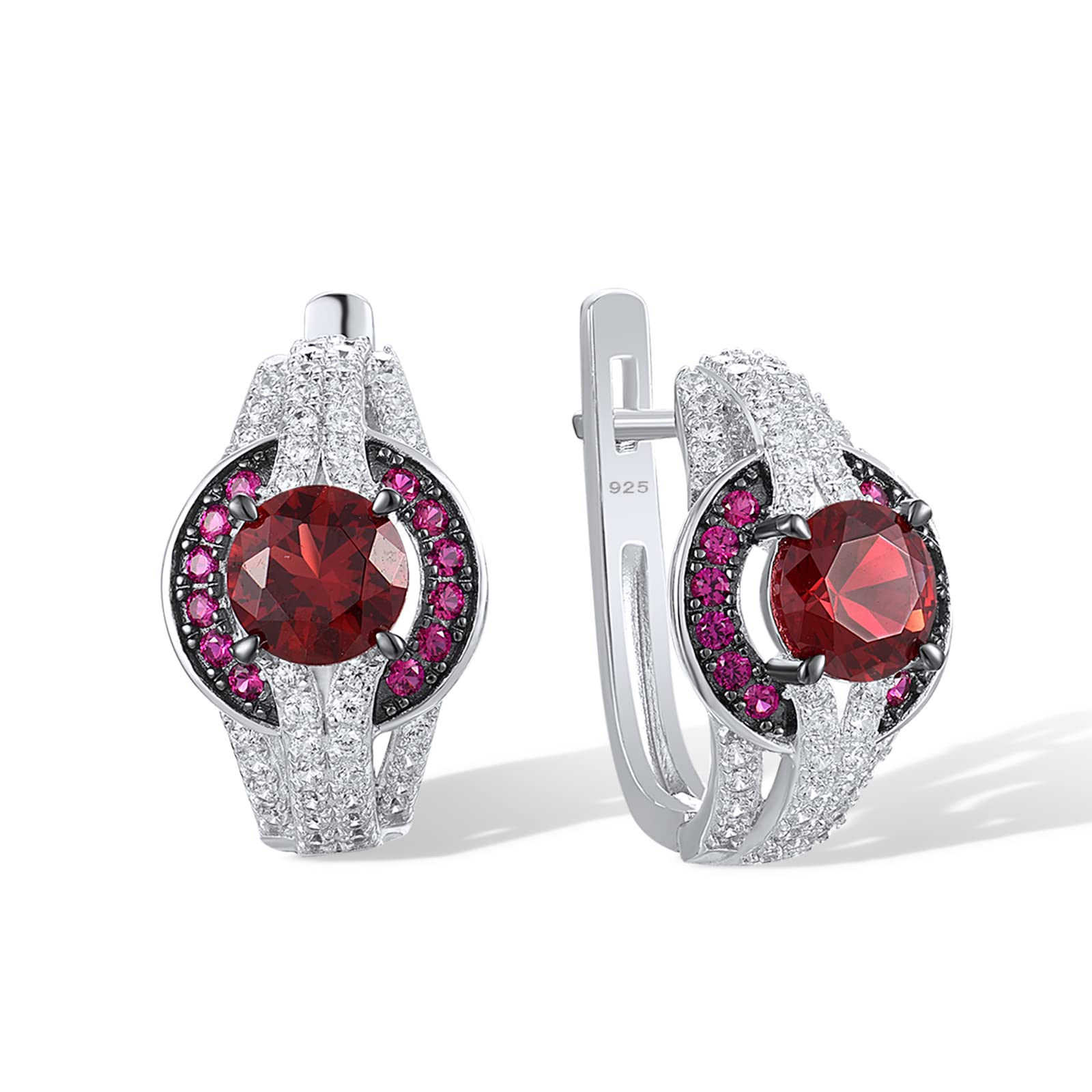 Santuzza 925 Sterling Silver Garnet Cubic Zirconia Round Shape Huggie Earrings for Women