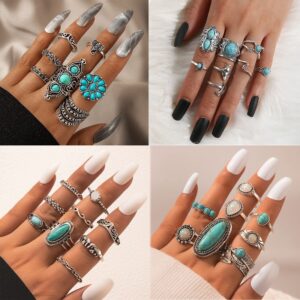 Mixcbe 50 Pcs Western Turquoise Rings Set for Women Rings Vintage Bohemian Stackable Gemstone Rings Boho Joint Knuckle Rings Midi Stacking Rings for women Holiday Gifts