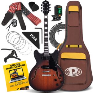 pyle semi hollow body electric guitar set, 41.8” full size jazz instrument kit w/ gig bag, matte & sunburst finish