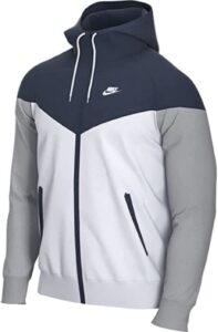 nike team men's windrunner jacket hooded windbreaker (navy/white, small)