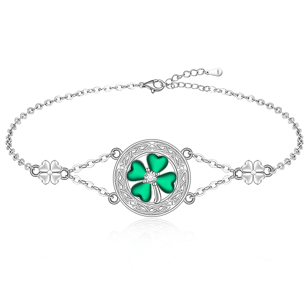 Four Leaf Clover Bracelet for Women St Patricks Day Shamrock Bracelets Sterling Silver Celtic Knot Irish Green Clover Jewelry Charm Lucky Gifts