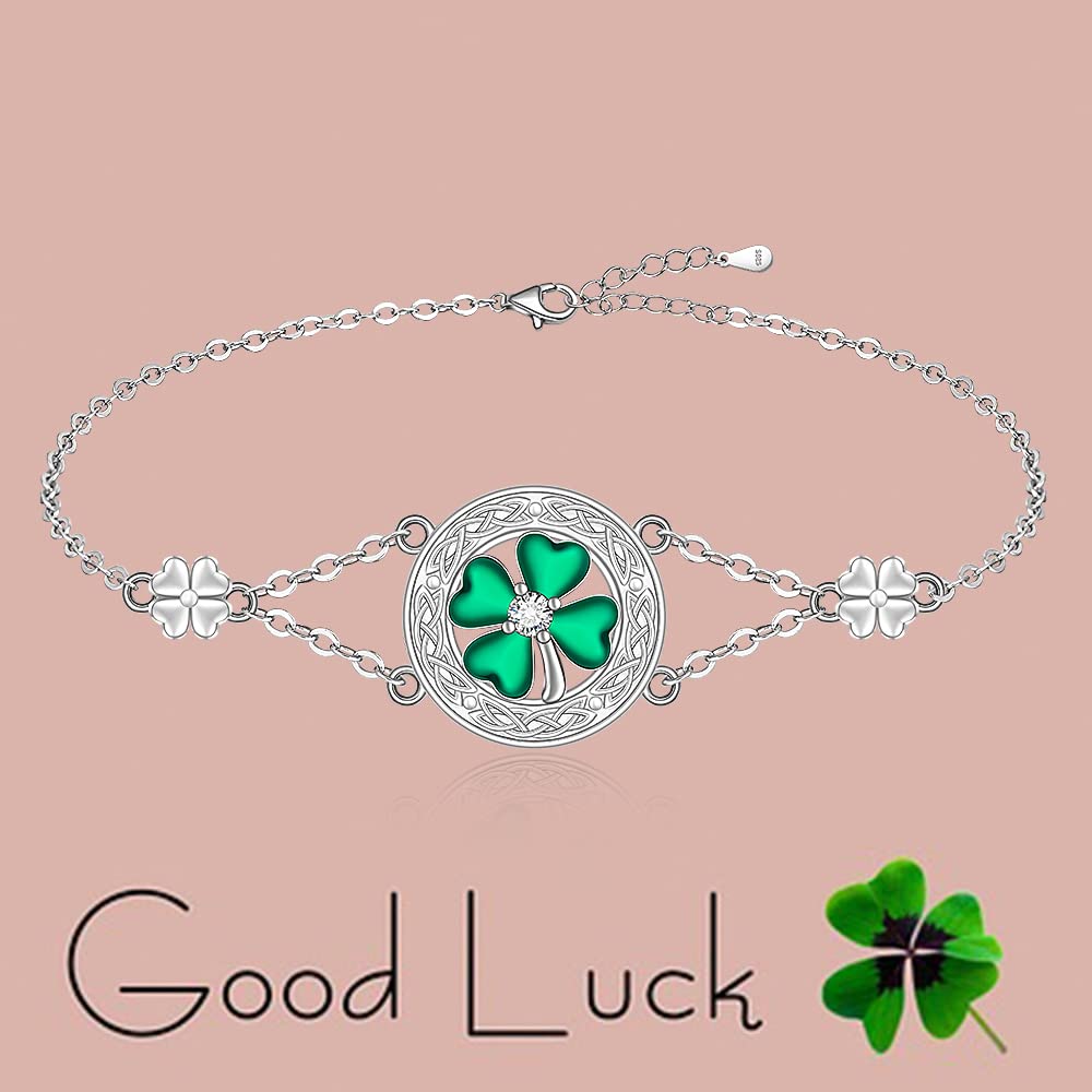 Four Leaf Clover Bracelet for Women St Patricks Day Shamrock Bracelets Sterling Silver Celtic Knot Irish Green Clover Jewelry Charm Lucky Gifts