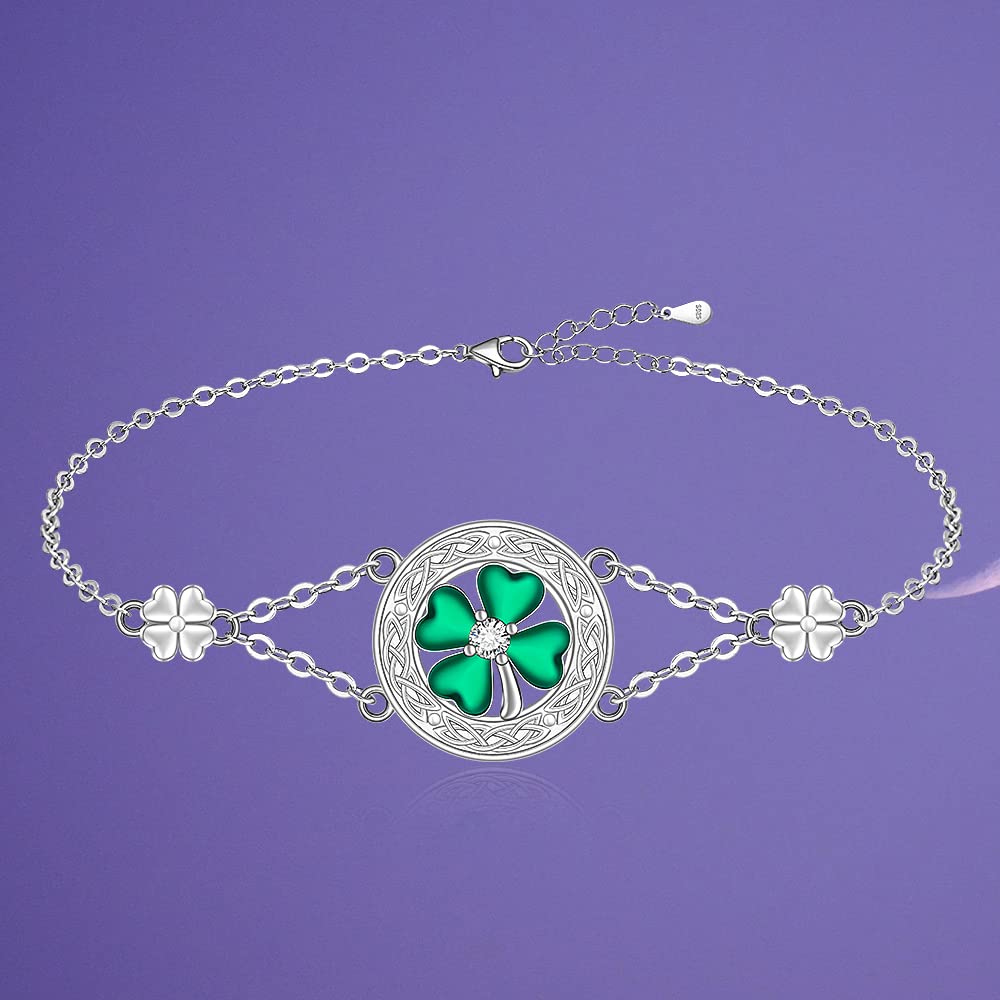 Four Leaf Clover Bracelet for Women St Patricks Day Shamrock Bracelets Sterling Silver Celtic Knot Irish Green Clover Jewelry Charm Lucky Gifts