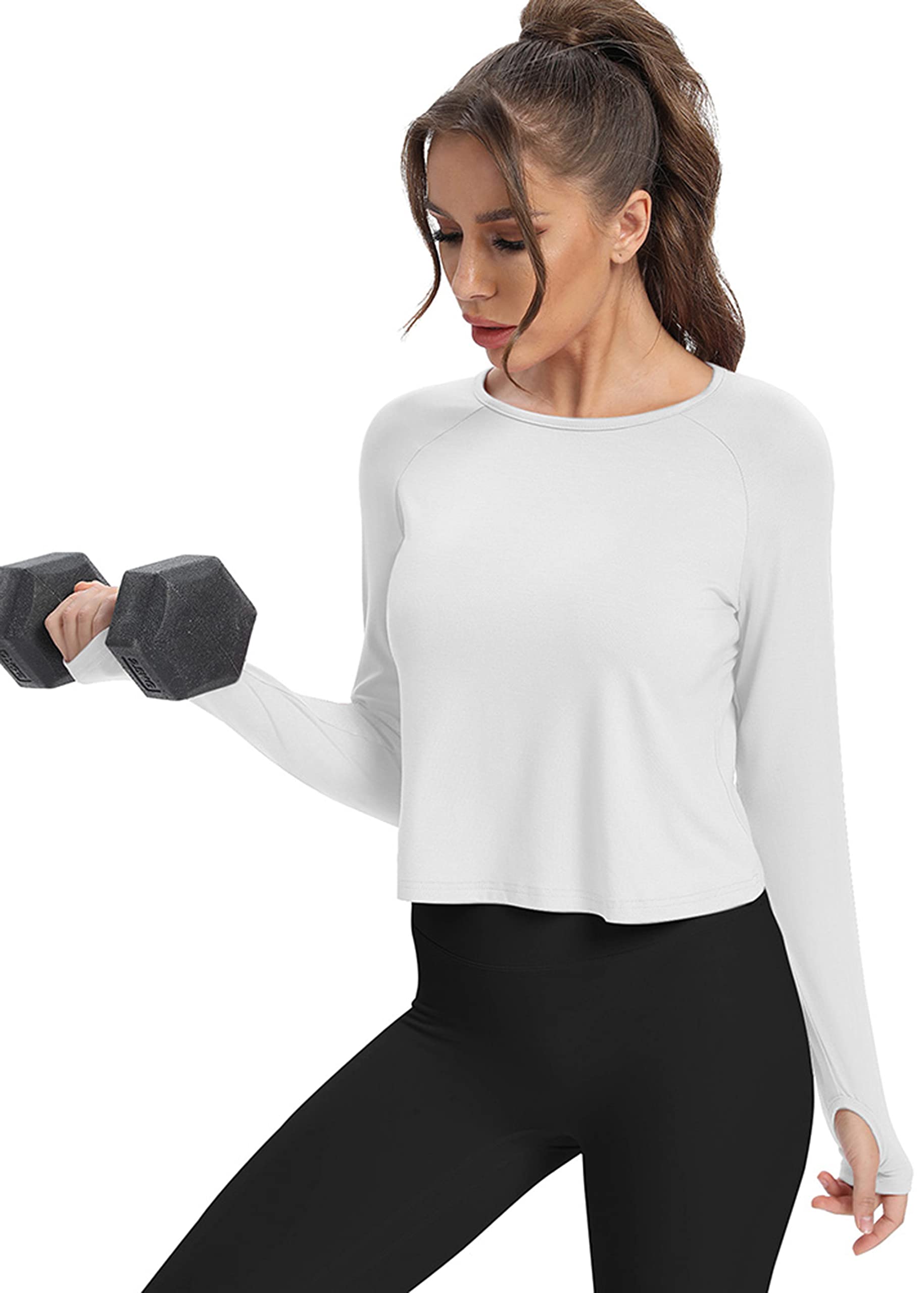 Bestisun Long Sleeve Workout Shirts Yoga Dance Top Split Back Gym Tennis Sports Exercise Training Shirt Women Stretch Fitness Crop Tops White M