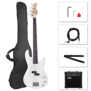 glarry full size electric bass guitar with 20w amp, 4 string beginner starter kit with accessories including cable, strap, bag for kids and adults (white)