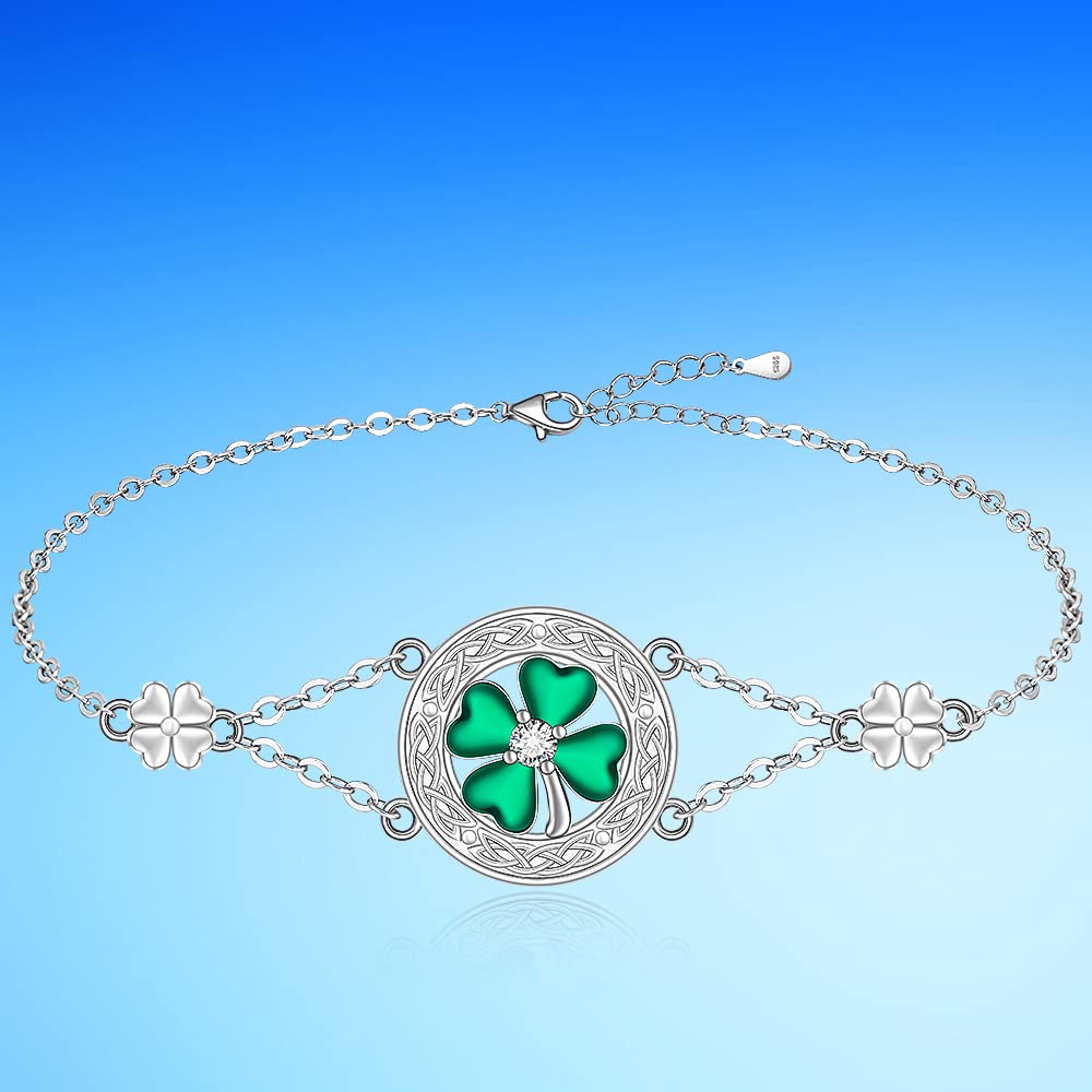 Four Leaf Clover Bracelet for Women St Patricks Day Shamrock Bracelets Sterling Silver Celtic Knot Irish Green Clover Jewelry Charm Lucky Gifts