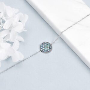 YAFEINI Flower of Life Bracelet 925 Sterling Silver Flower of Life Bracelet Abalone Shell Flower of Life Jewelry for Women Jewelry Gifts