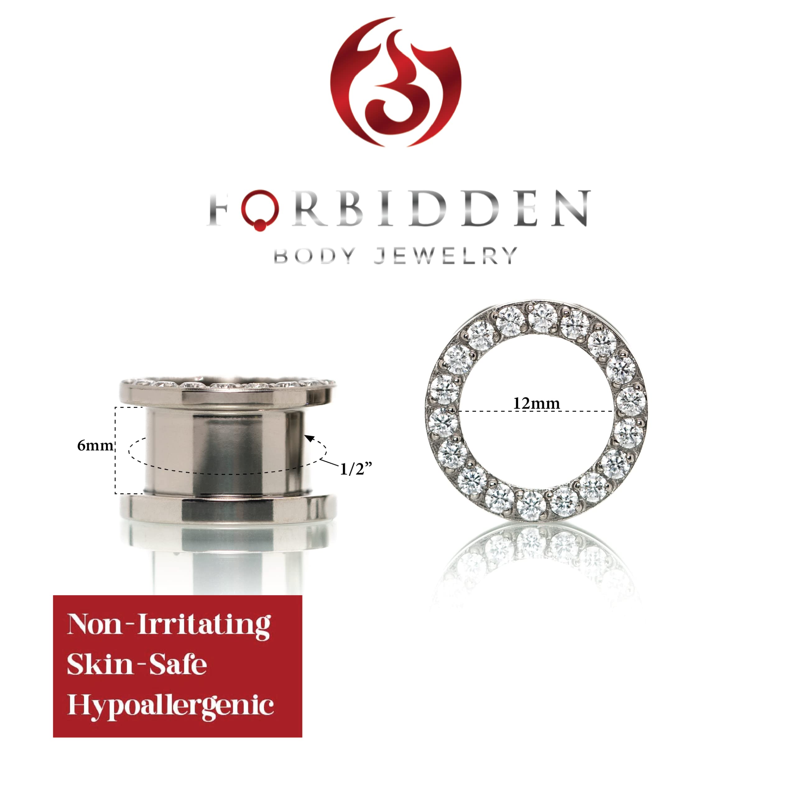 Forbidden Body Jewelry Gauges for Ears, Ear Plug, Tunnels for Ears, Ear Tunnels, Metal Tunnels, Implant Grade Titanium Plugs for Ears With CZ Rim Sizes 1/2" (12mm) (Sold as Pairs)