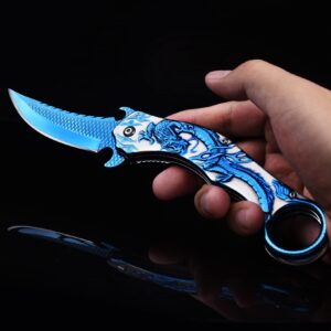 Pocket Knife for Men, Cool Folding Knife With 3D Golden & Blue Dragon Relief, Great Gift Edc Knife For Men Outdoor Survival Camping Hiking Hunting