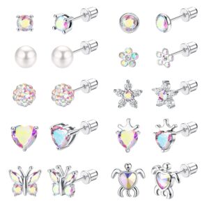 joerica 10 pairs screw back earrings for women surgical steel hypoallergenic earrings stud cz heart flower pearl butterfly turtle screw on earrings pink cz