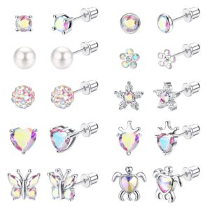 JOERICA 10 Pairs Screw Back Earrings for Women Surgical Steel Hypoallergenic Earrings Stud CZ Heart Flower Pearl Butterfly Turtle Screw on Earrings Pink CZ