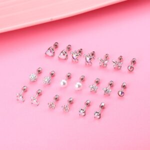 JOERICA 10 Pairs Screw Back Earrings for Women Surgical Steel Hypoallergenic Earrings Stud CZ Heart Flower Pearl Butterfly Turtle Screw on Earrings Pink CZ