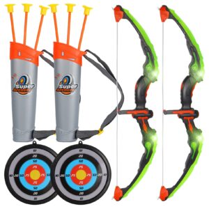 mortime 2 pack bow and arrow set with led flash lights, practice outdoor toys for kids ，green light up archery toy set -includes 6 suction cup arrows