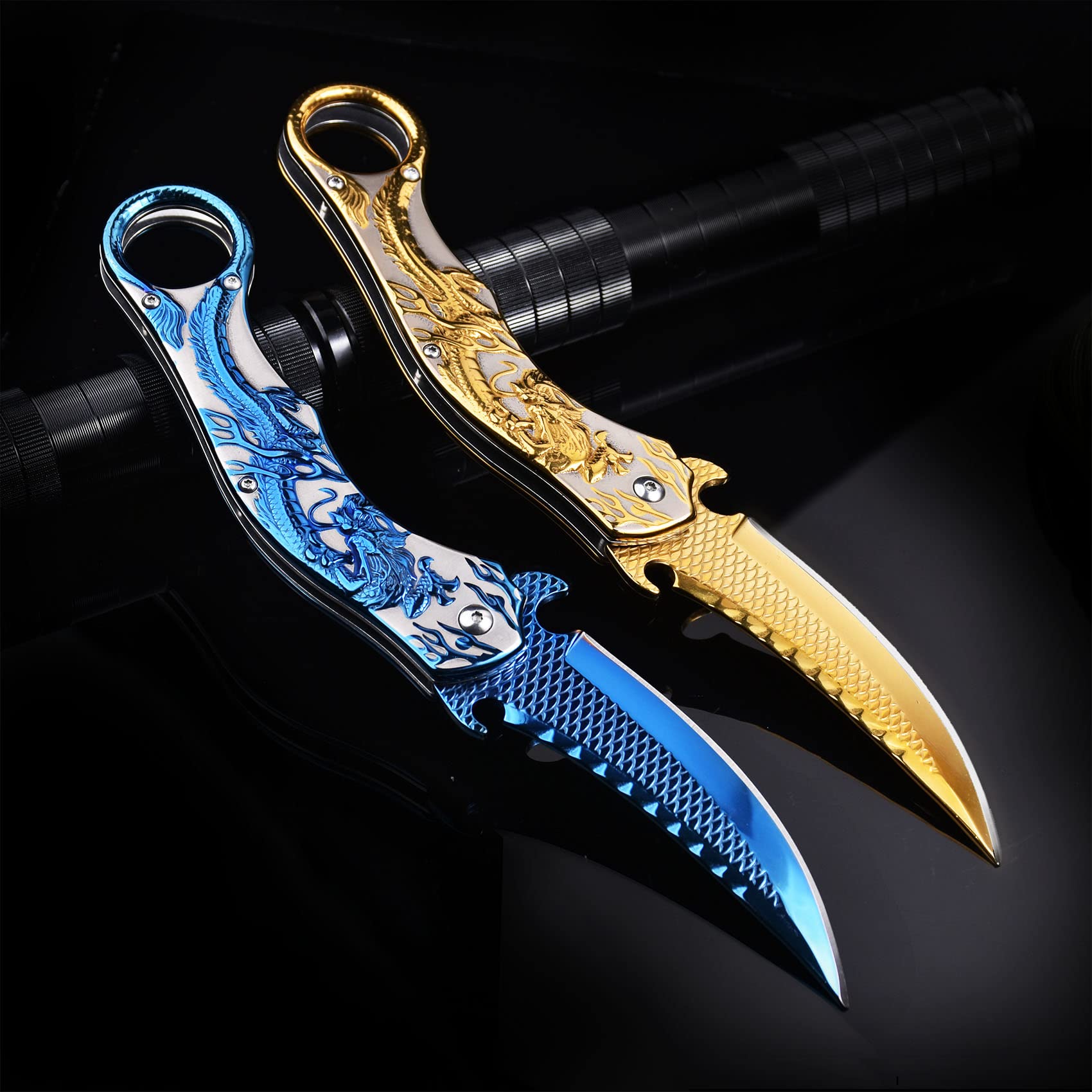 Pocket Knife for Men, Cool Folding Knife With 3D Golden & Blue Dragon Relief, Great Gift Edc Knife For Men Outdoor Survival Camping Hiking Hunting