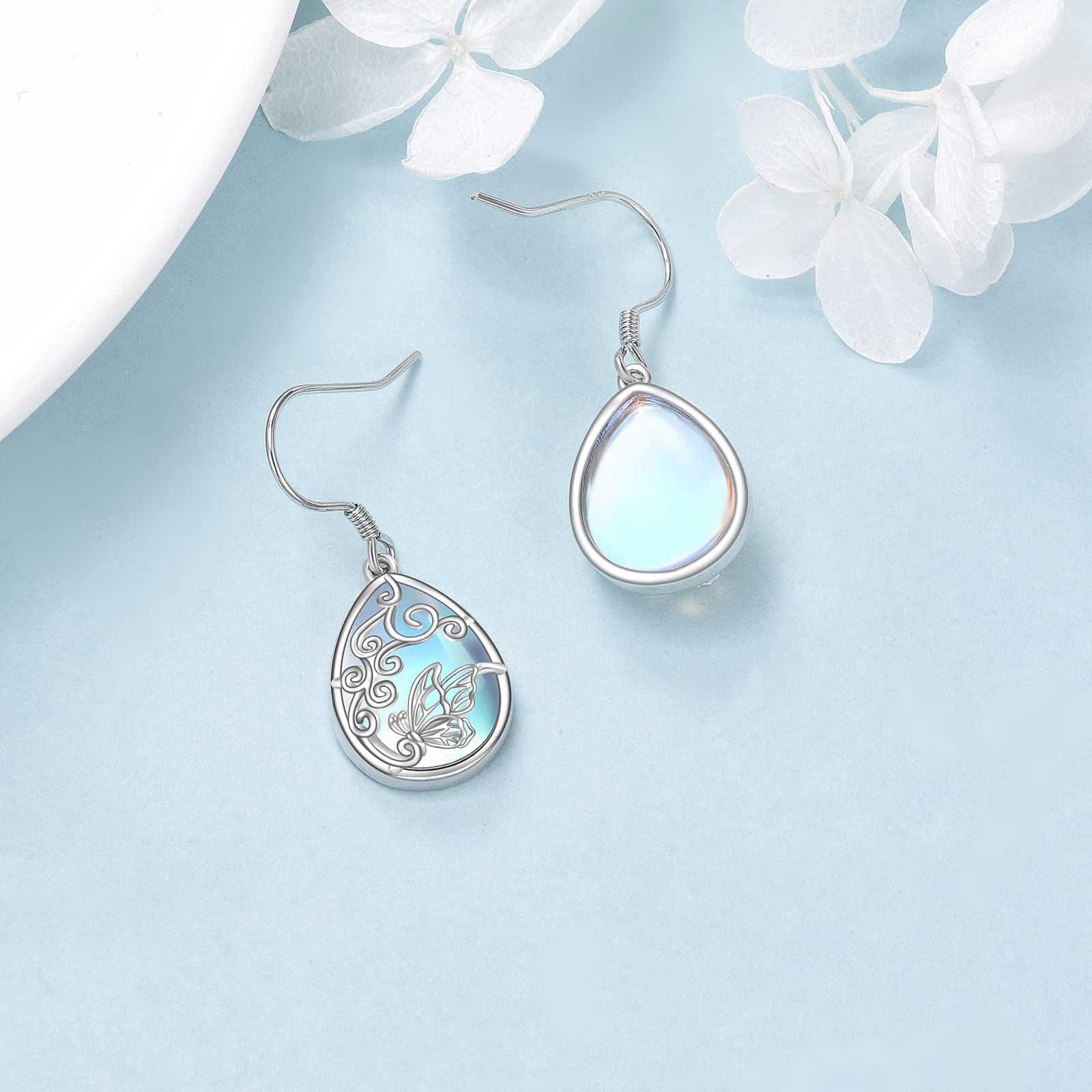 Butterfly Earrings Sterling Silver Moonstone Filigree Teardrop Dangle Earrings Butterfly Jewelry Gifts for Women