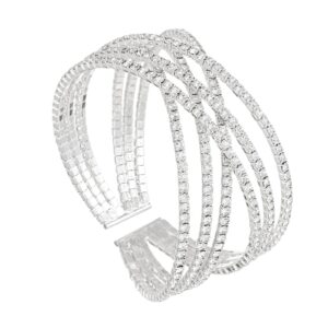 ecesha sparkly 6 rows cross rhinestone crystal multilayer arm cuff bangle bracelet for women costume jewelry formal wedding party (style a & silver plated)