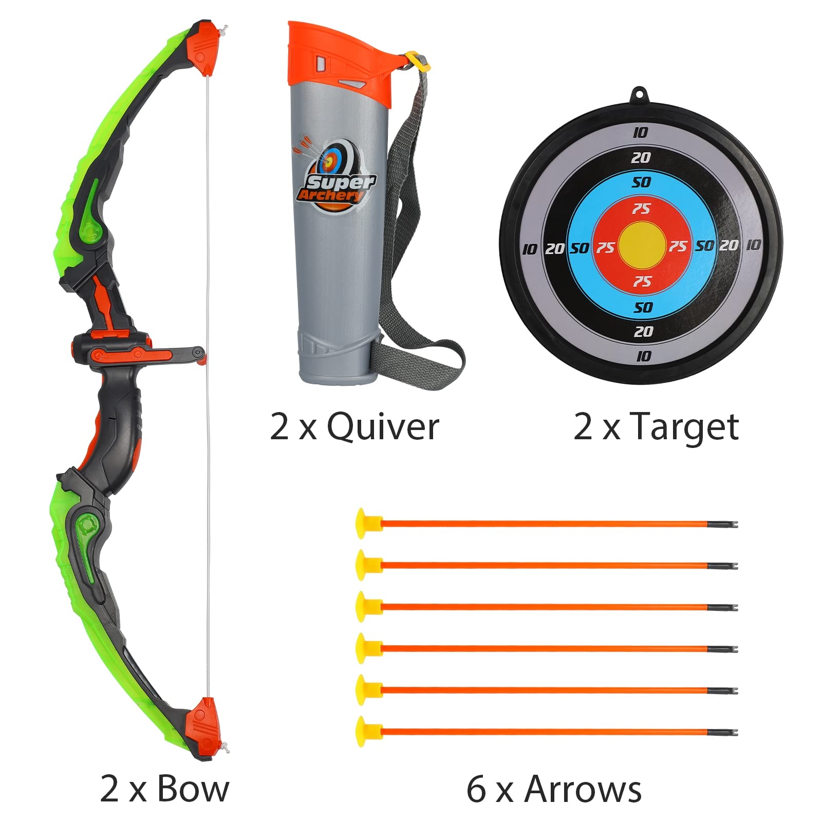 MorTime 2 Pack Bow and Arrow Set with LED Flash Lights, Practice Outdoor Toys for Kids ，Green Light Up Archery Toy Set -includes 6 Suction Cup Arrows