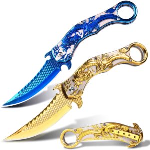 pocket knife for men, cool folding knife with 3d golden & blue dragon relief, great gift edc knife for men outdoor survival camping hiking hunting