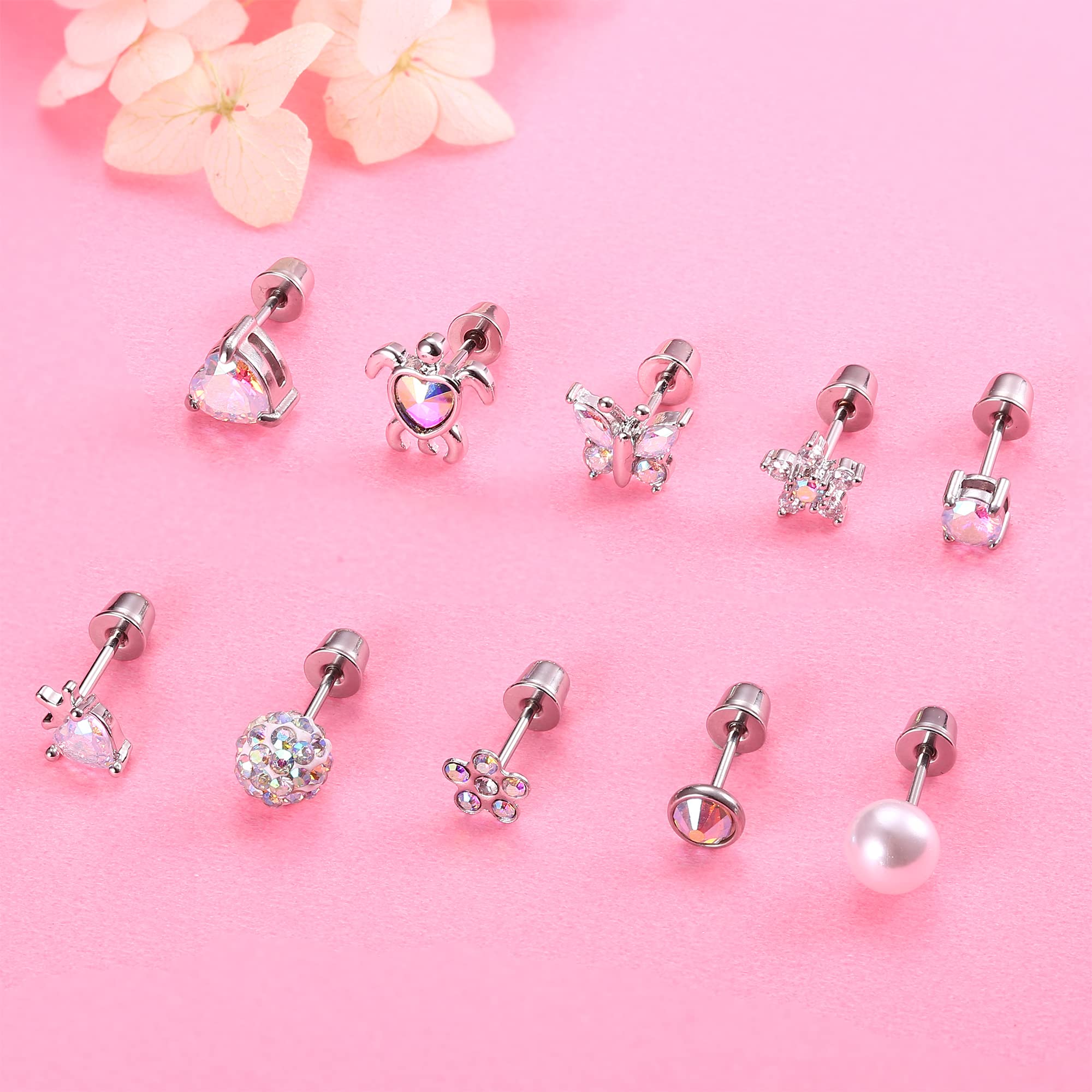 JOERICA 10 Pairs Screw Back Earrings for Women Surgical Steel Hypoallergenic Earrings Stud CZ Heart Flower Pearl Butterfly Turtle Screw on Earrings Pink CZ