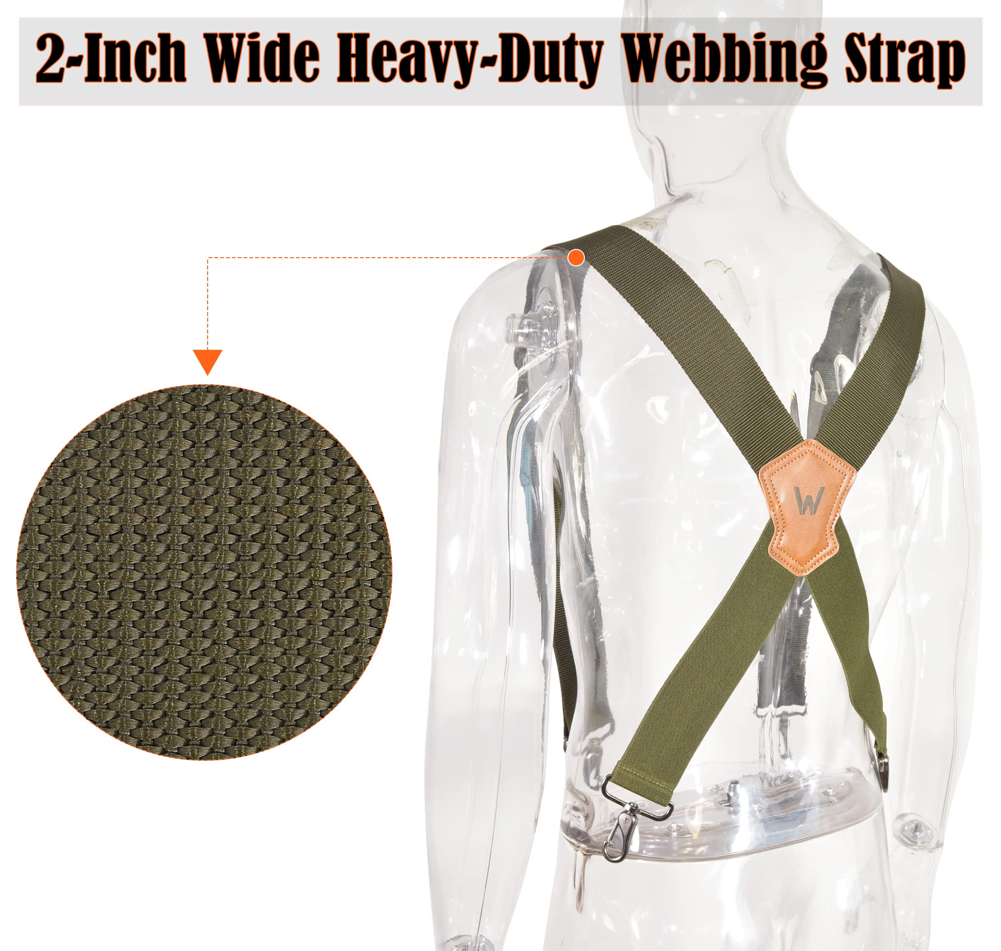 WELKINLAND Green suspenders for men, 2 inch wide suspenders, Work suspenders, Suspenders military, Camo suspenders for men, Suspenders with belt loops, Heavy duty work suspenders