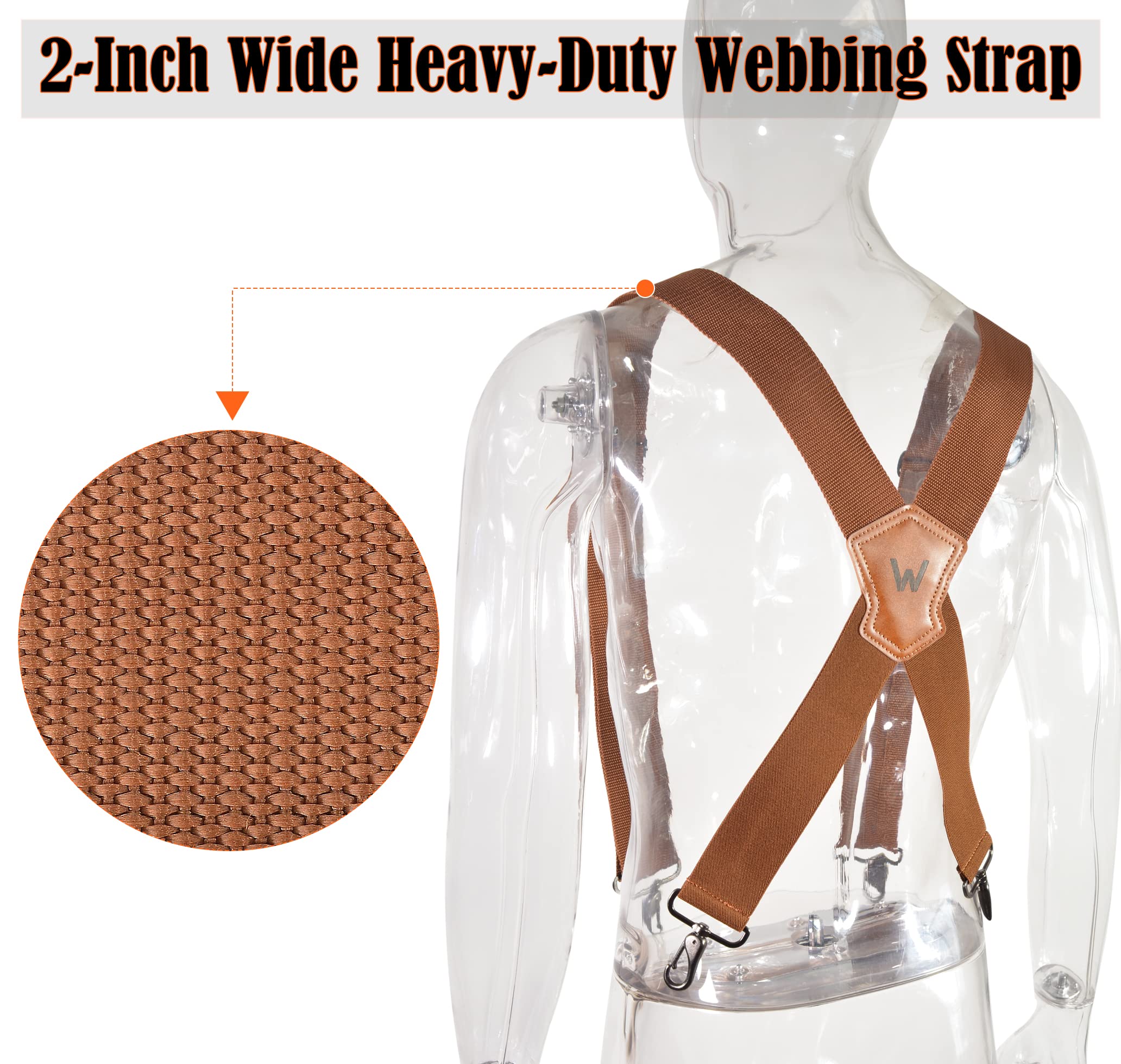 WELKINLAND Brown 2 inch wide suspenders, Heavy duty work suspenders, Swivel suspenders, Thick suspenders, Work suspenders for men, Suspenders swivel hook, Suspenders with belt loops