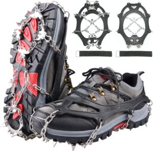 piscorush 24 spikes crampons ice cleats traction snow grips boot chains women men kids for hiking shoes and boots steel anti slip hiking fishing walking mountaineering (black, medium)