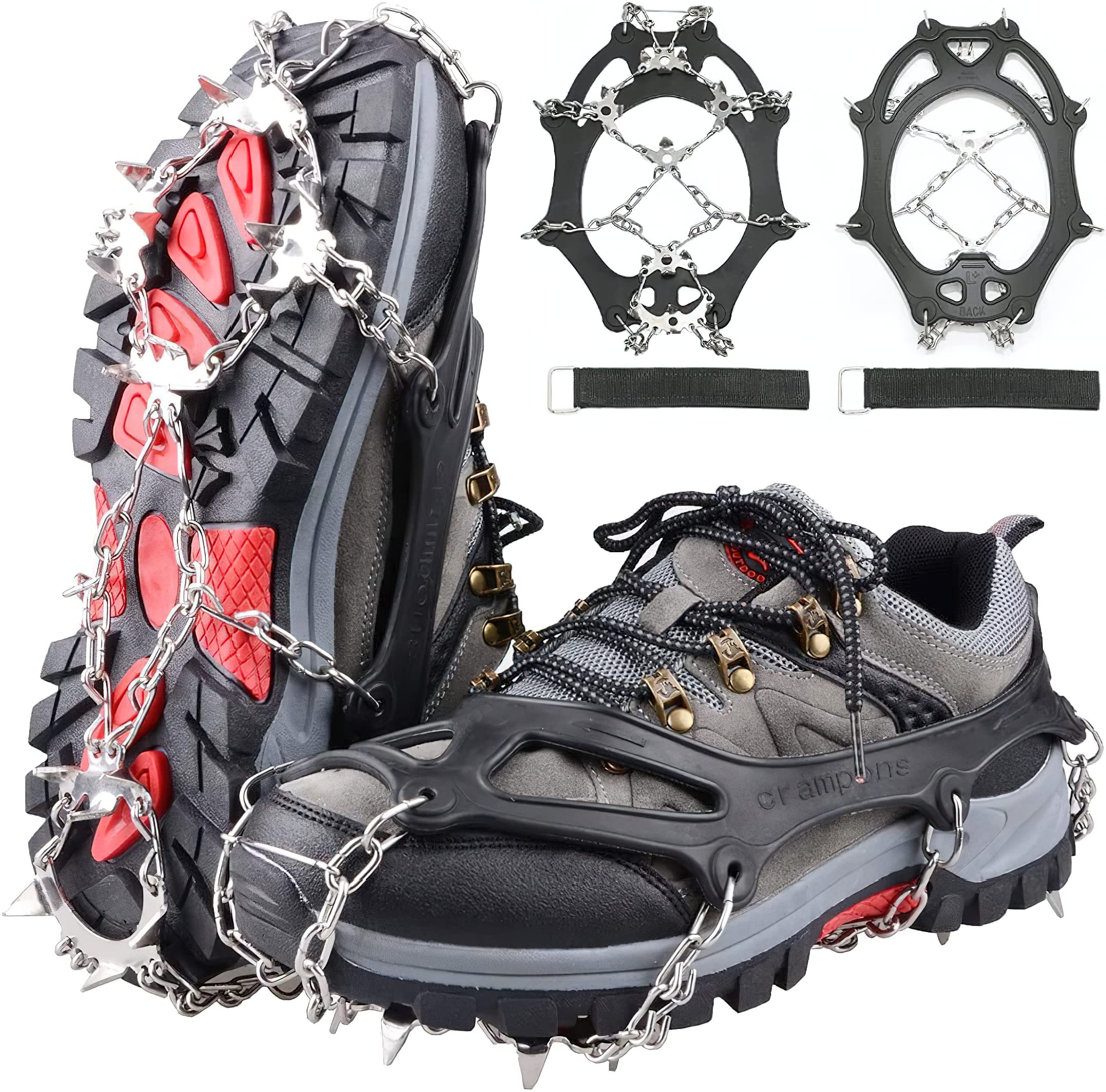 Piscorush 24 Spikes Crampons Ice Cleats Traction Snow Grips Boot Chains Women Men Kids for Hiking Shoes and Boots Steel Anti Slip Hiking Fishing Walking Mountaineering (Black, Extra Large)