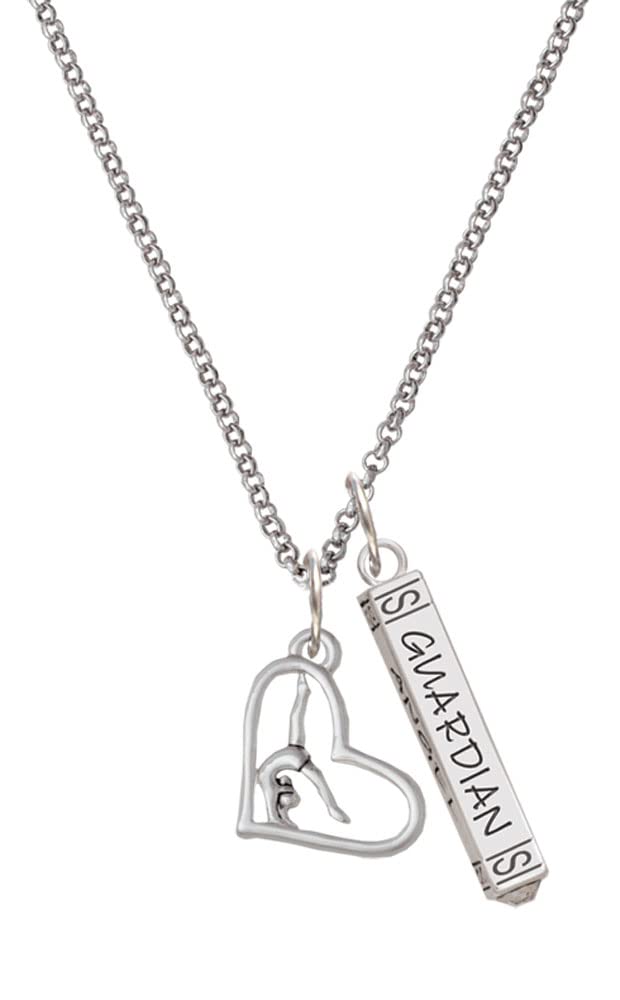 Delight Jewelry Silvertone Gymnast in Heart Silvertone Guardian Angel Bar Charm Necklace, 23"