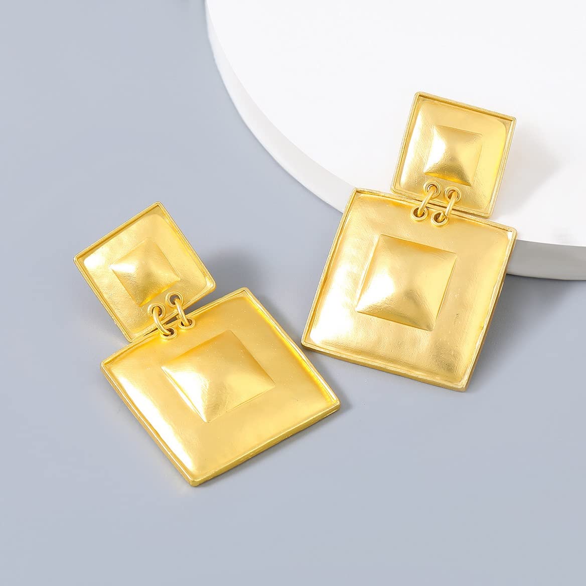 Golden Square Geometric Earrings, Gold Rectangle Statement Dangle Earrings for Women, Bohemian Square Earrings, Gold Square Stud Earrings Boho Jewelry, Zinc, no