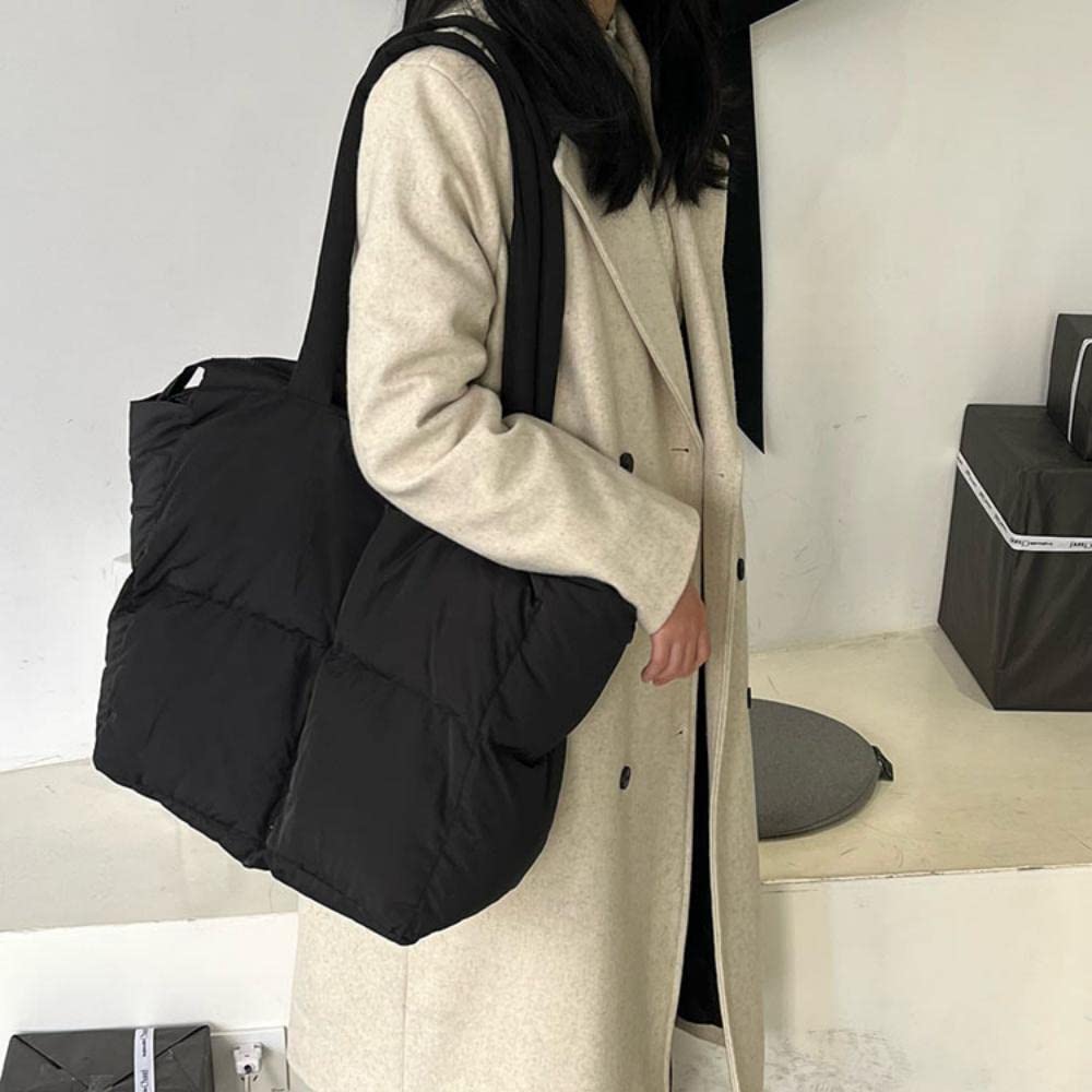 Women's Puffer Tote Bag Quilted Zipper Puffy Bag Large Capacity Padded Shoulder Bag Solid Color Aesthetic Soft Handbag (Black)