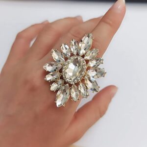 Dtja Exaggerated CZ Statement Wedding Ring for Women Gold Plated Vintage Rhinestone Crystal Cluster Adjustable Open Band Wrap Birthday Christmas Cocktail Party Ring Comfort Fit Jewelry