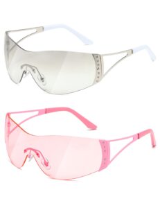 tianyesy y2k sunglasses for women men fashion shield rimless wrap around sunglass gradient lens trendy oversize sun glasses (silver+pink)