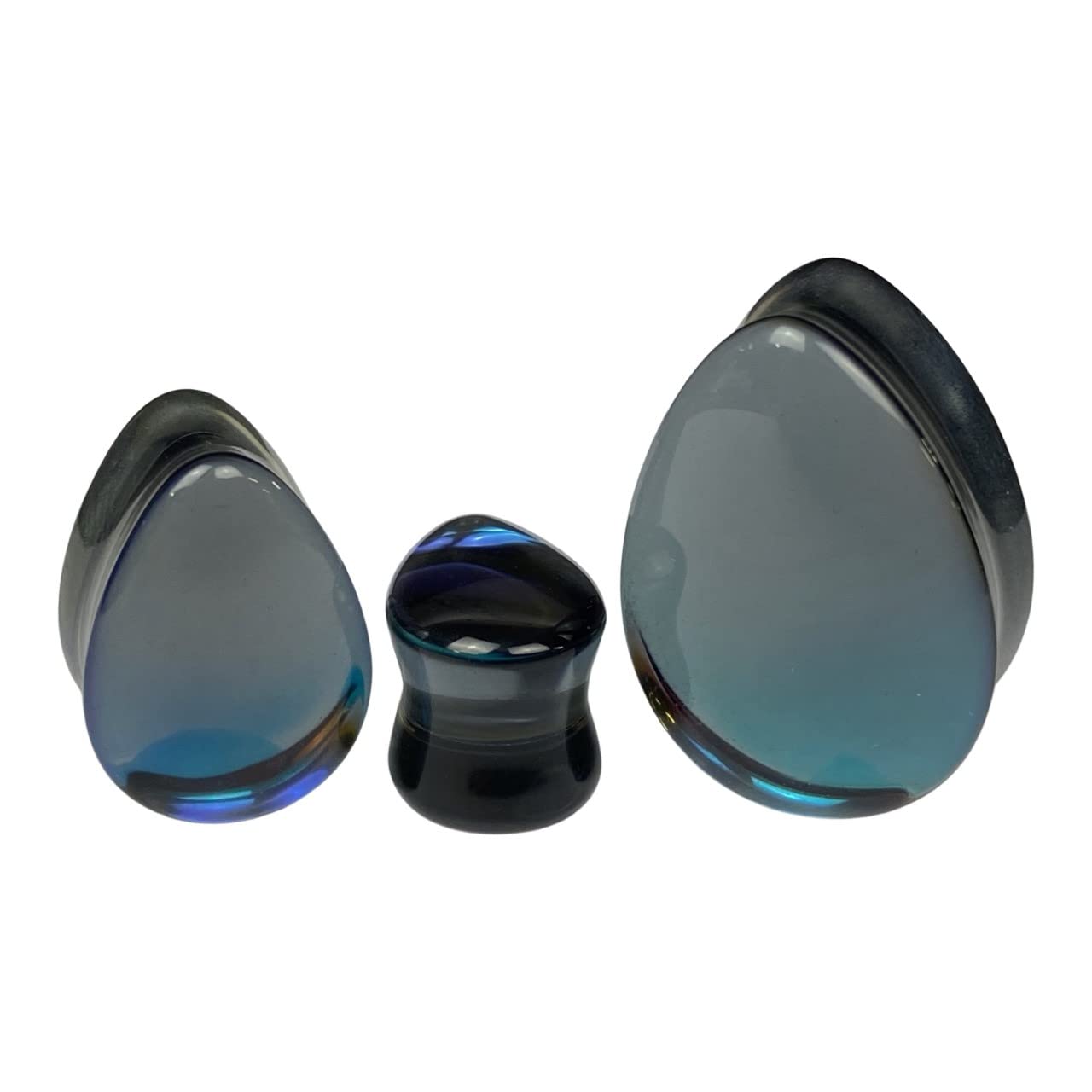 Mystic Metals Body Jewelry Pair of Black Iridescent Glass Teardrop Double Flare Plugs (PG-584) (00g (10mm))