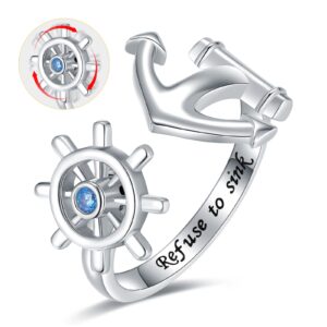 925-sterling-silver anchor ring for women - adjustable fidget anxiety ring ship wheel ring spinning ring anchor jewelry for teens (spinning wheel anchor ring)