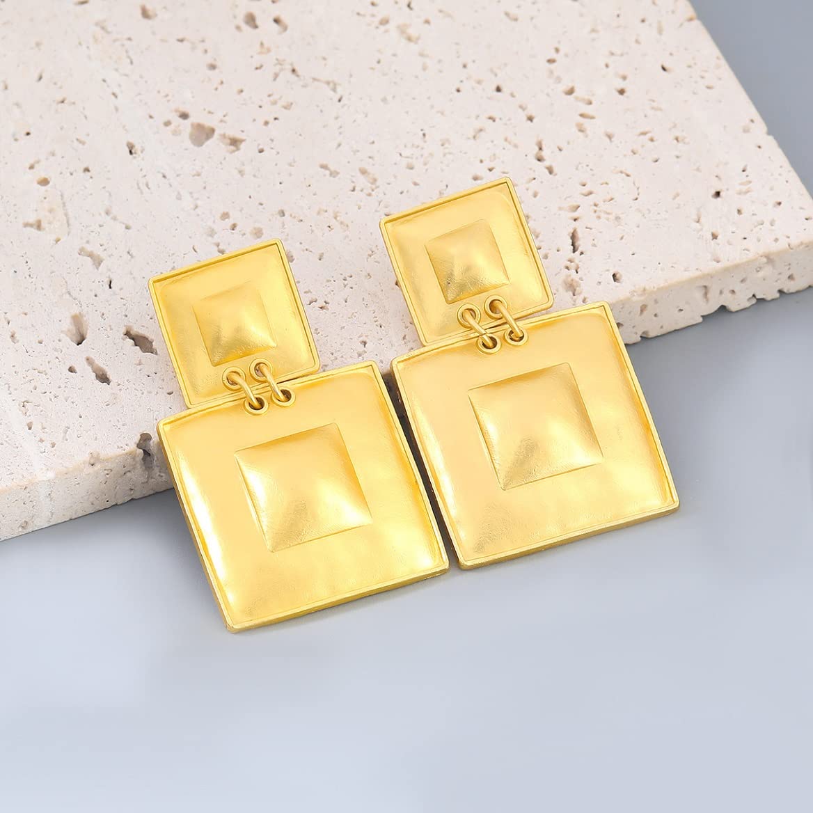 Golden Square Geometric Earrings, Gold Rectangle Statement Dangle Earrings for Women, Bohemian Square Earrings, Gold Square Stud Earrings Boho Jewelry, Zinc, no