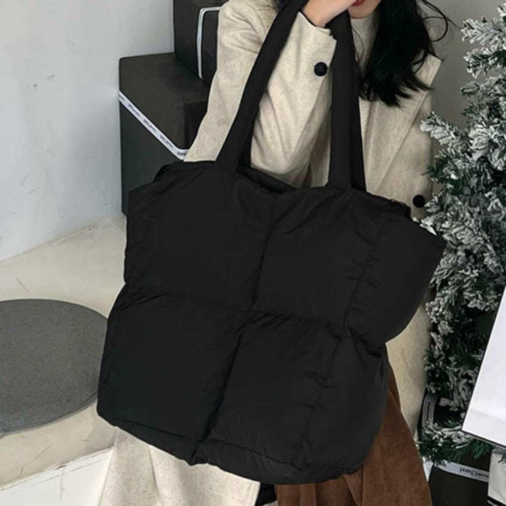 Women's Puffer Tote Bag Quilted Zipper Puffy Bag Large Capacity Padded Shoulder Bag Solid Color Aesthetic Soft Handbag (Black)