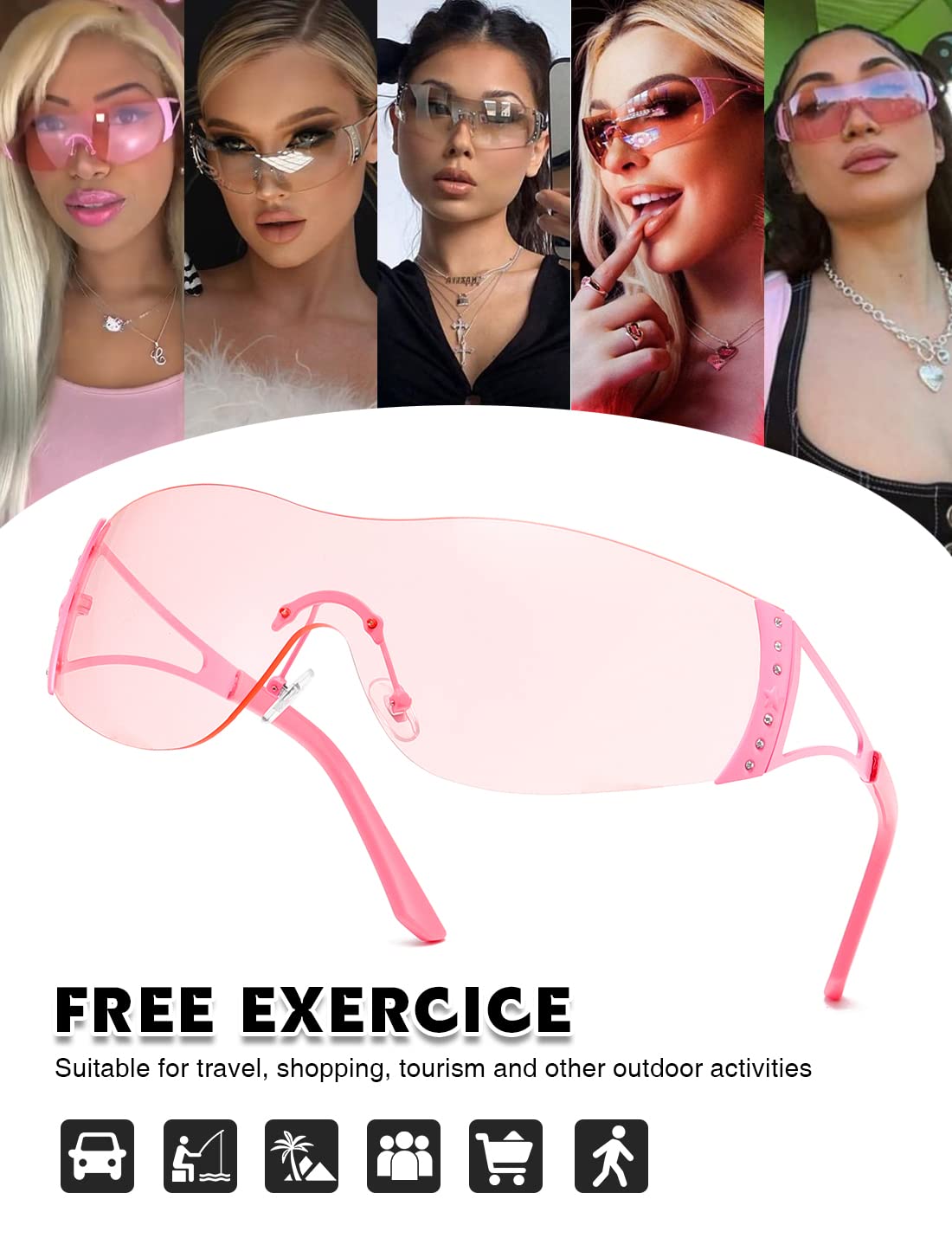 TIANYESY Y2K Sunglasses For Women Men Fashion Shield Rimless Wrap Around Sunglass Gradient Lens Trendy Oversize Sun Glasses (Silver+Pink)