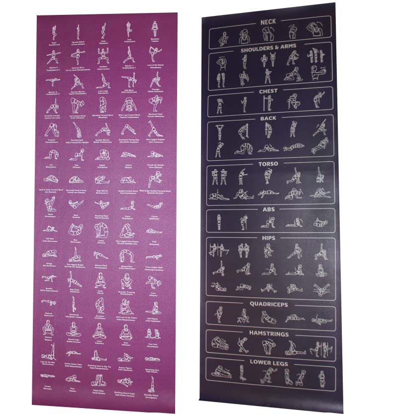 Beginner Instructional Yoga Mat with Poses Printed On It - 75 Illustrated Yoga Poses & 75 Stretches - Non Slip - Yoga Mat For All Genders