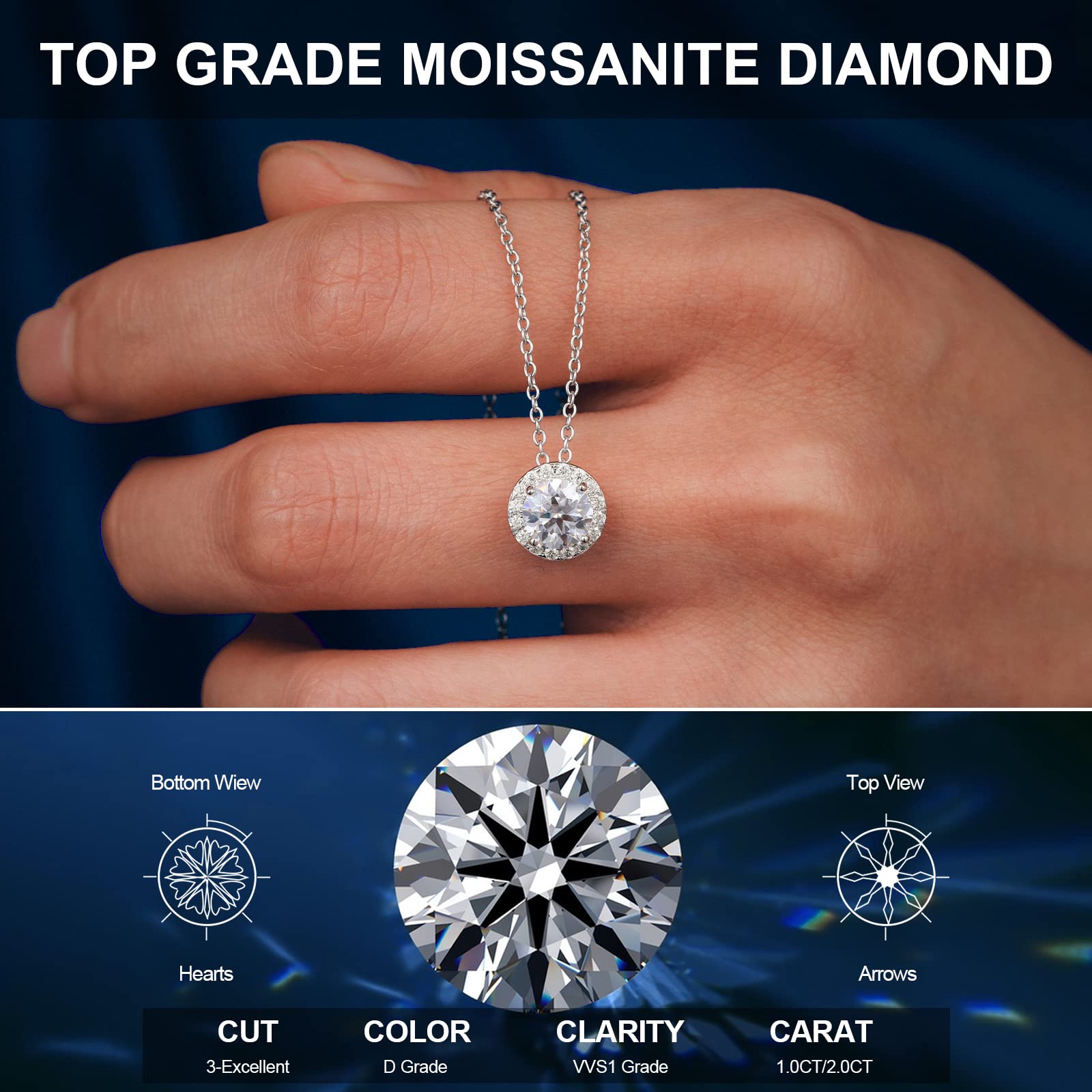 Moissanite Necklace Halo Diamond Pendant for Women 0.5CT-4.0CT 18K White/Yellow Gold Plated Sterling Silver Necklace Dainty Pendant Anniversary Day Present for Her Wife Mother 18+2 inches Lab Created Dimaond Jewelry with GRA Certificate of Authenticity