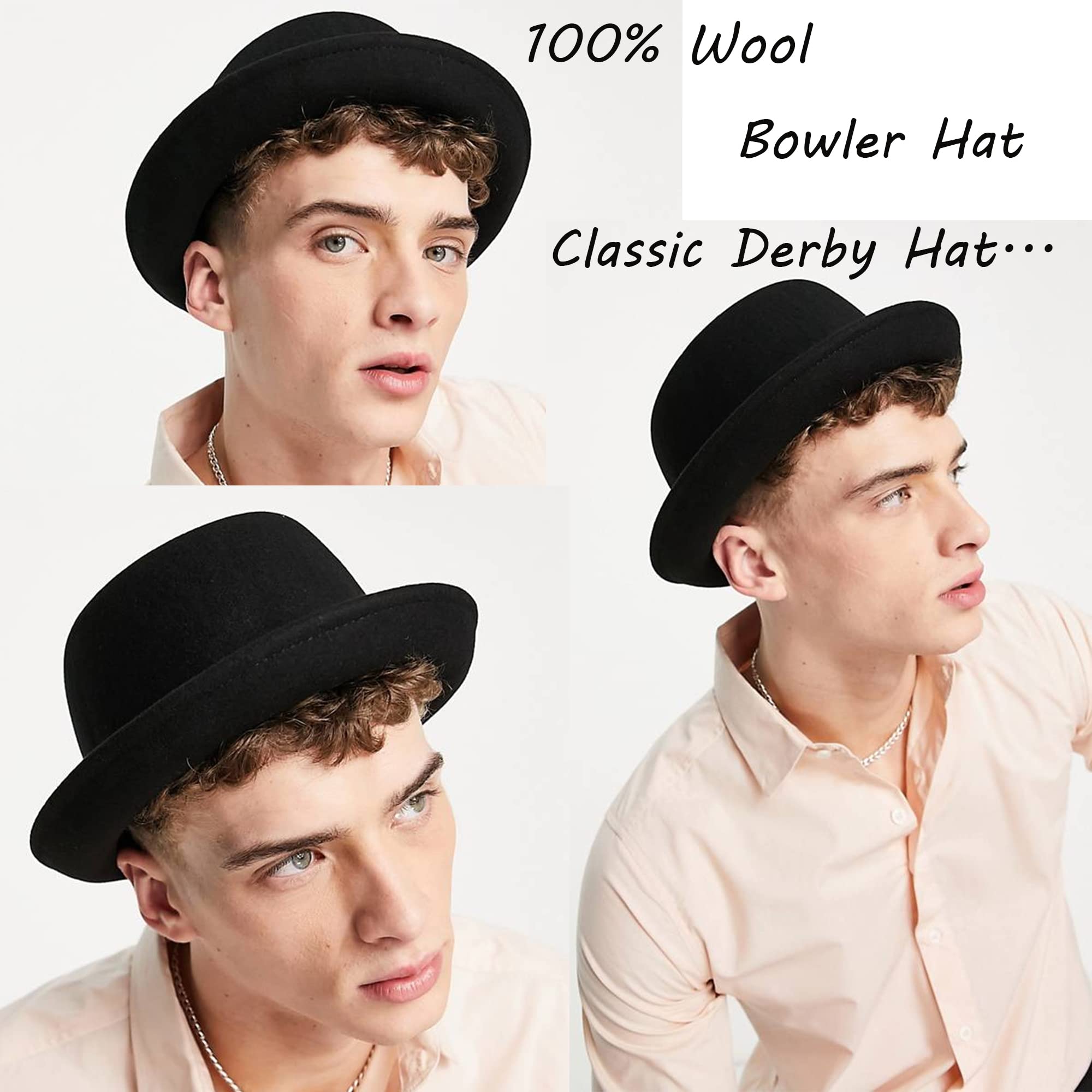 INOGIH Wool Derby Hat Round Cloche Hat for Men and Women Black Bowler Hat Upturn Brim Church Hat