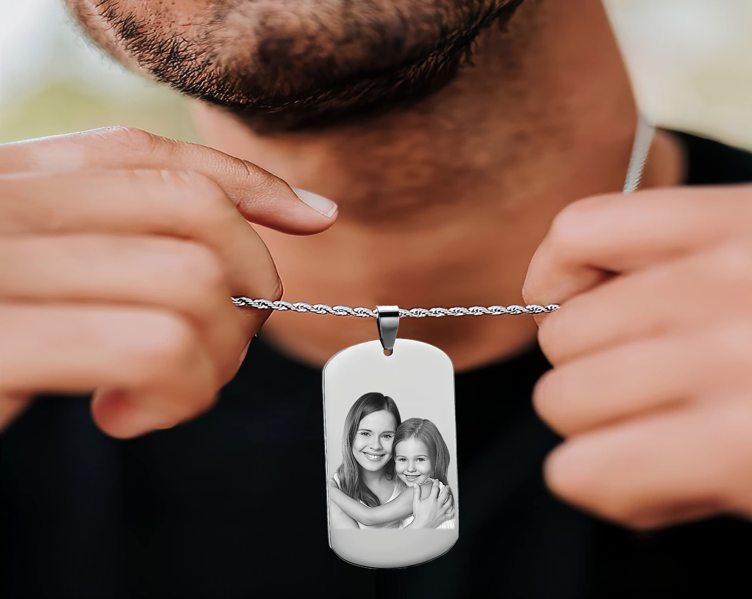 Personalized Photo Engraved Dog Tag | Pendant With Necklace | Stainless Steel | Silver | Special Jewelry Gift 4 Wedding Baby and Love | Customized | Most Beautiful Memory