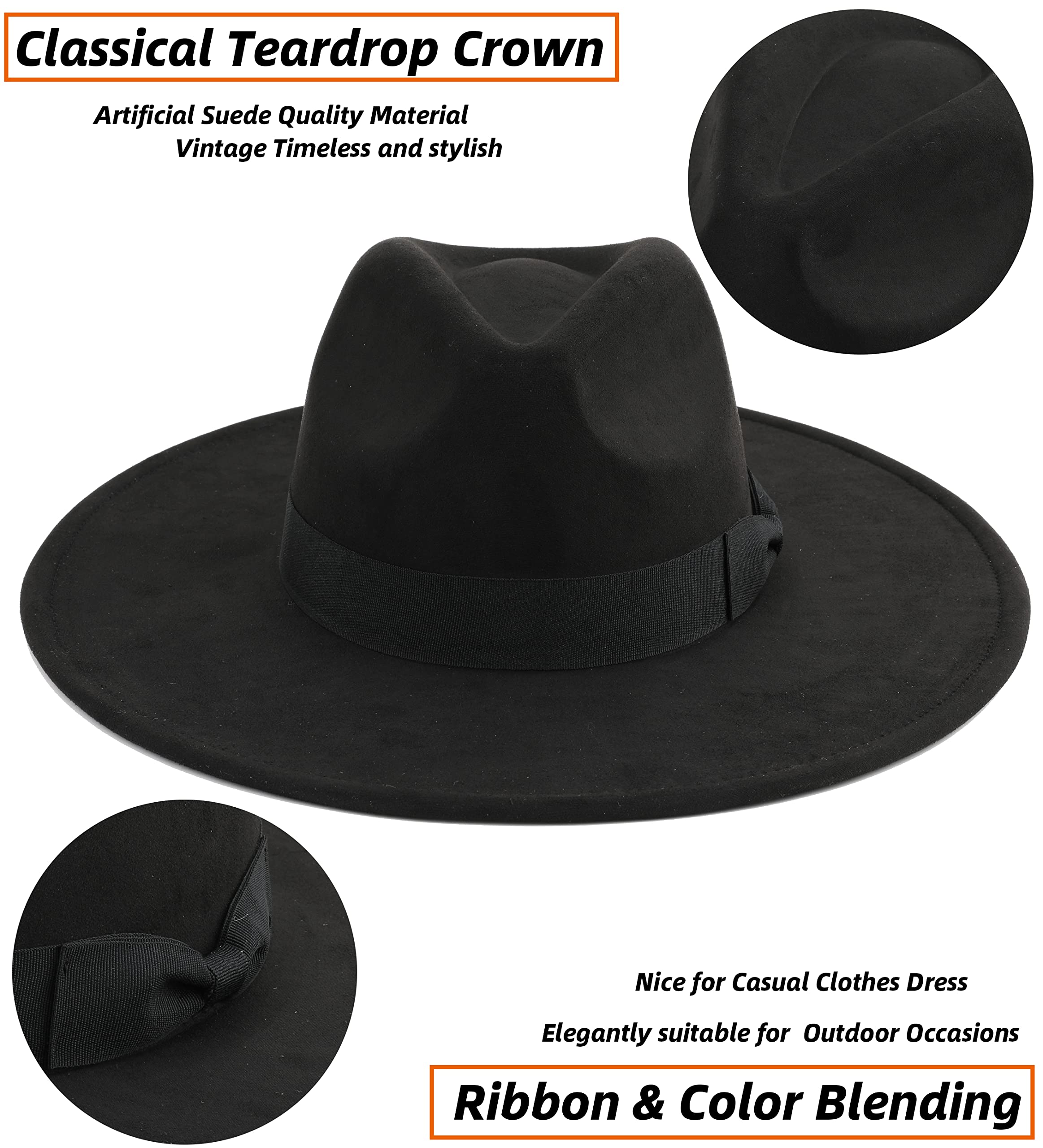 Pro Celia Big Wide Brim Fedora Hat for Women Large Felt Panama Rancher Hat (Black)