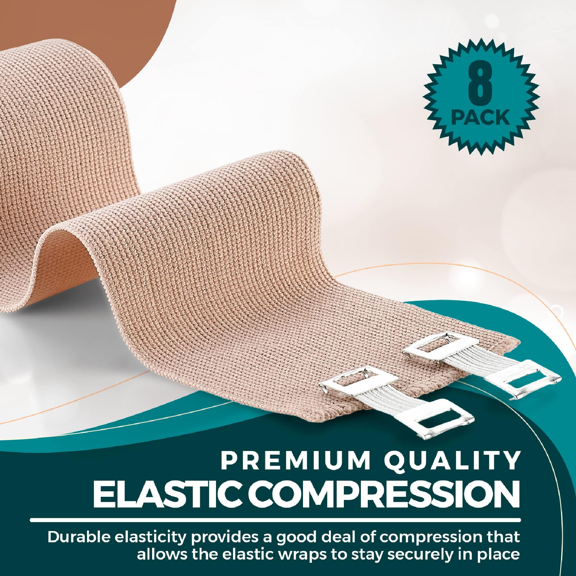 MEDca Elastic Compression Bandage Wrap - First Aid Bandages Roll Measures 2", 3", 4", 6" x 5 Ft with 4 Extra Hooks - Athletic Sports Stretch Wraps for Ankle, Wrist, Arm & Leg Sprains (Pack of 8)