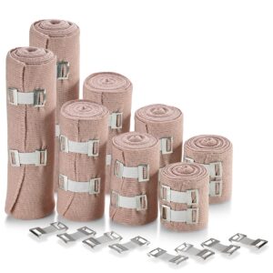 medca elastic compression bandage wrap - first aid bandages roll measures 2", 3", 4", 6" x 5 ft with 4 extra hooks - athletic sports stretch wraps for ankle, wrist, arm & leg sprains (pack of 8)