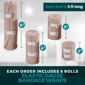 MEDca Elastic Compression Bandage Wrap - First Aid Bandages Roll Measures 2", 3", 4", 6" x 5 Ft with 4 Extra Hooks - Athletic Sports Stretch Wraps for Ankle, Wrist, Arm & Leg Sprains (Pack of 8)