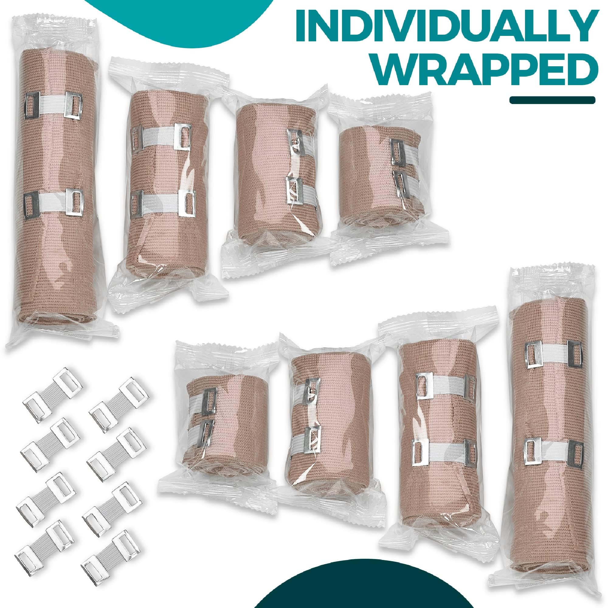 MEDca Elastic Compression Bandage Wrap - First Aid Bandages Roll Measures 2", 3", 4", 6" x 5 Ft with 4 Extra Hooks - Athletic Sports Stretch Wraps for Ankle, Wrist, Arm & Leg Sprains (Pack of 8)